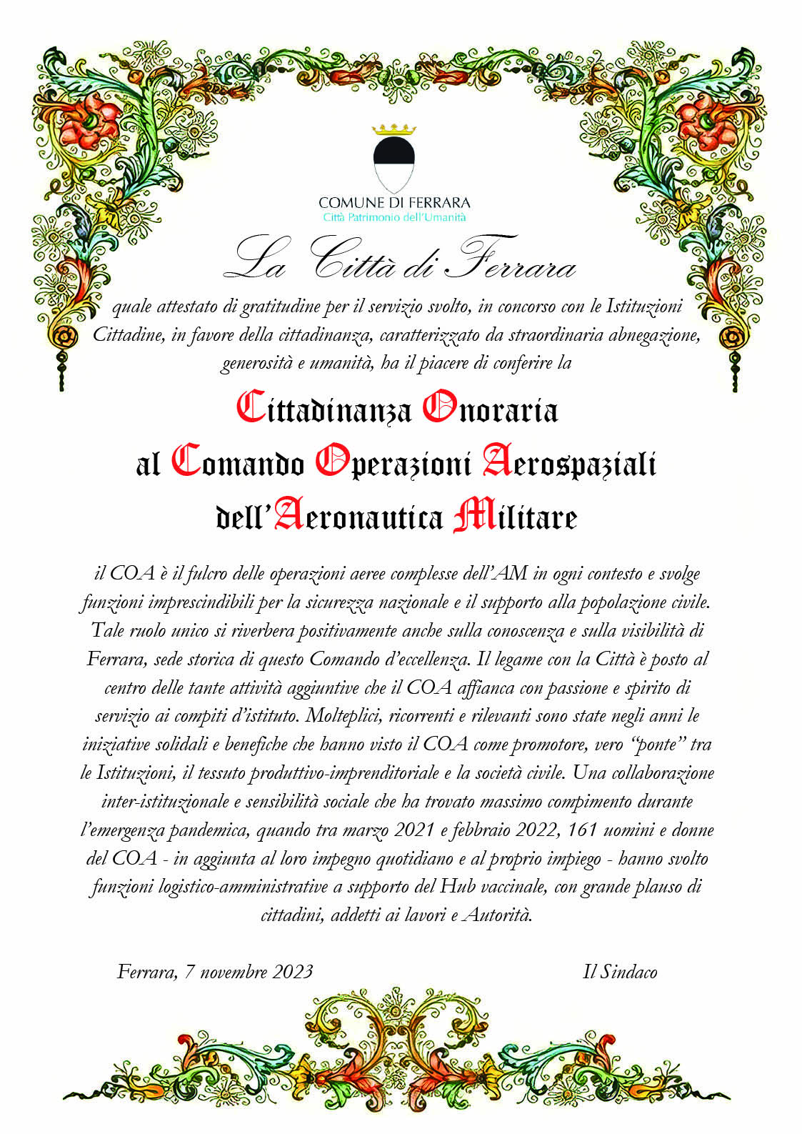 Cerimonia di conferimento della Cittadinanza Onoraria al Comando ... Cerimonia di conferimento della Cittadinanza Onoraria al Comando ...